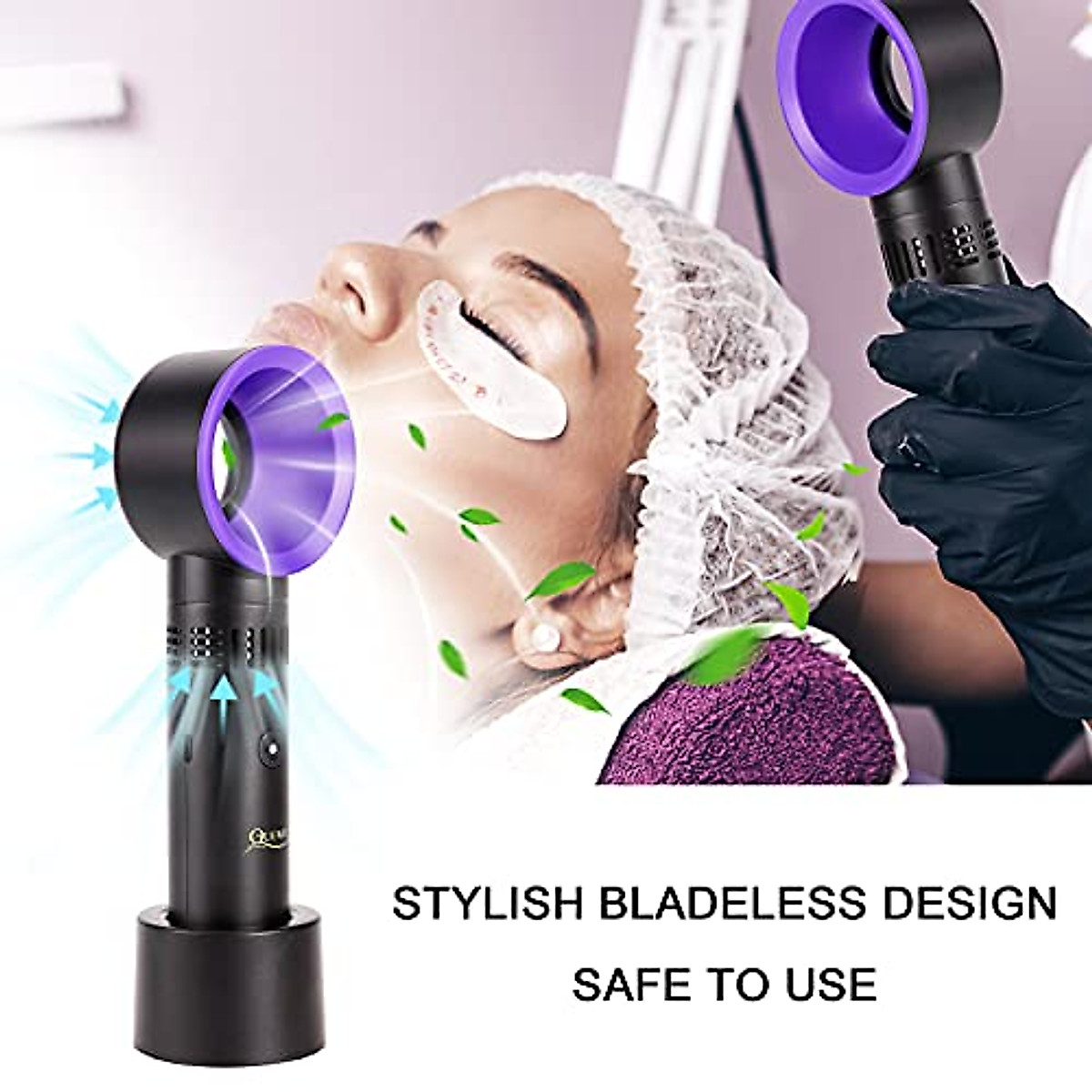 QUEWEL Eyelash Fan for Lash Extension Bladeless Fan Handheld Lash Extension Fan Dryer Mini Fan Air Conditioning Blower Eyelash Extension Supplies Drying Lash Glue (Purple)
