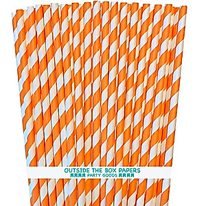 Stripe Paper Straws - Party Supply - Orange White - 7.75 Inches - Pack of 100 - Outside the Box Papers Brand