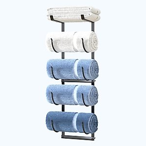 Josmimic Towel Rack for Rolled Towels: 5 Tier Towel Holder Wall Mounted in Bathroom - Matted Black 25.6 Inch