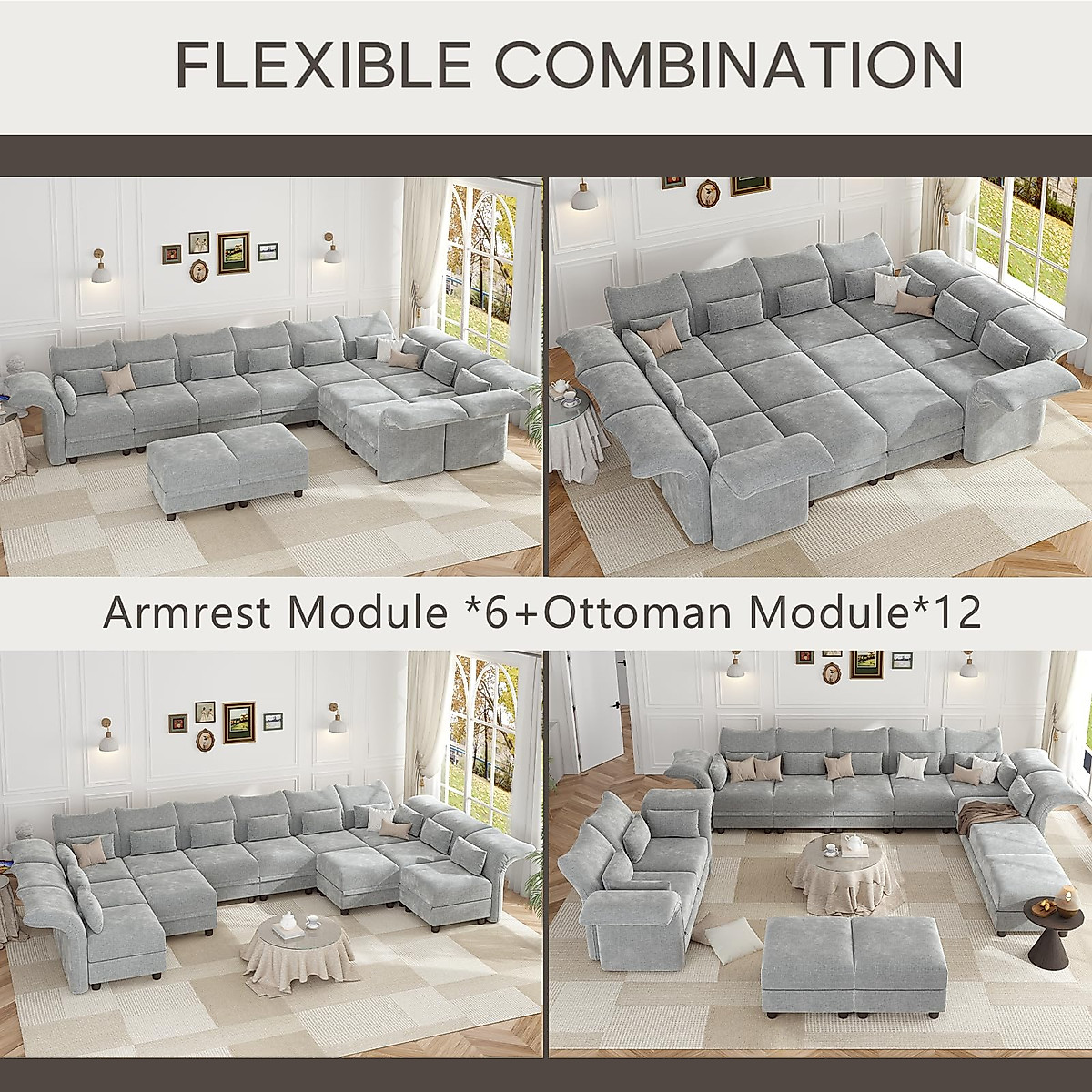 LLappuil Deep Modular Sectional Sofa Sleeper 12 Person Chenille Sectional Couches for Living Room with Storage Ottoman, Adjustable Arms Backs Grey
