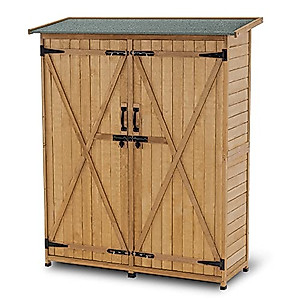 MCombo Outdoor Storage Cabinet, Wood Garden Shed, Outside Tool Shed, Vertical Organizer Cabinet with Double Lockable Doors for Outside, Garden and Yard 1400