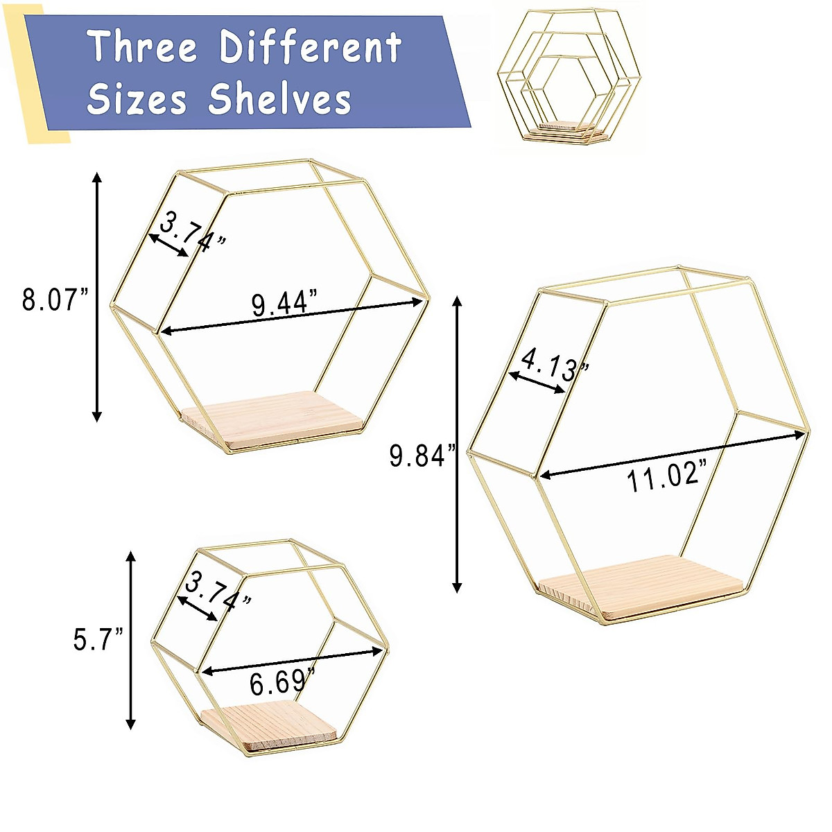 REFSAVER Hexagon Shelves for Wall,Gold Geometric Floating Shelves Wall Decor,Multi-use Metal Wire Wall Display Shelves,Hanging Wall Decor for Bedroom Living Room Kitchen Office,3 Pack,Gold