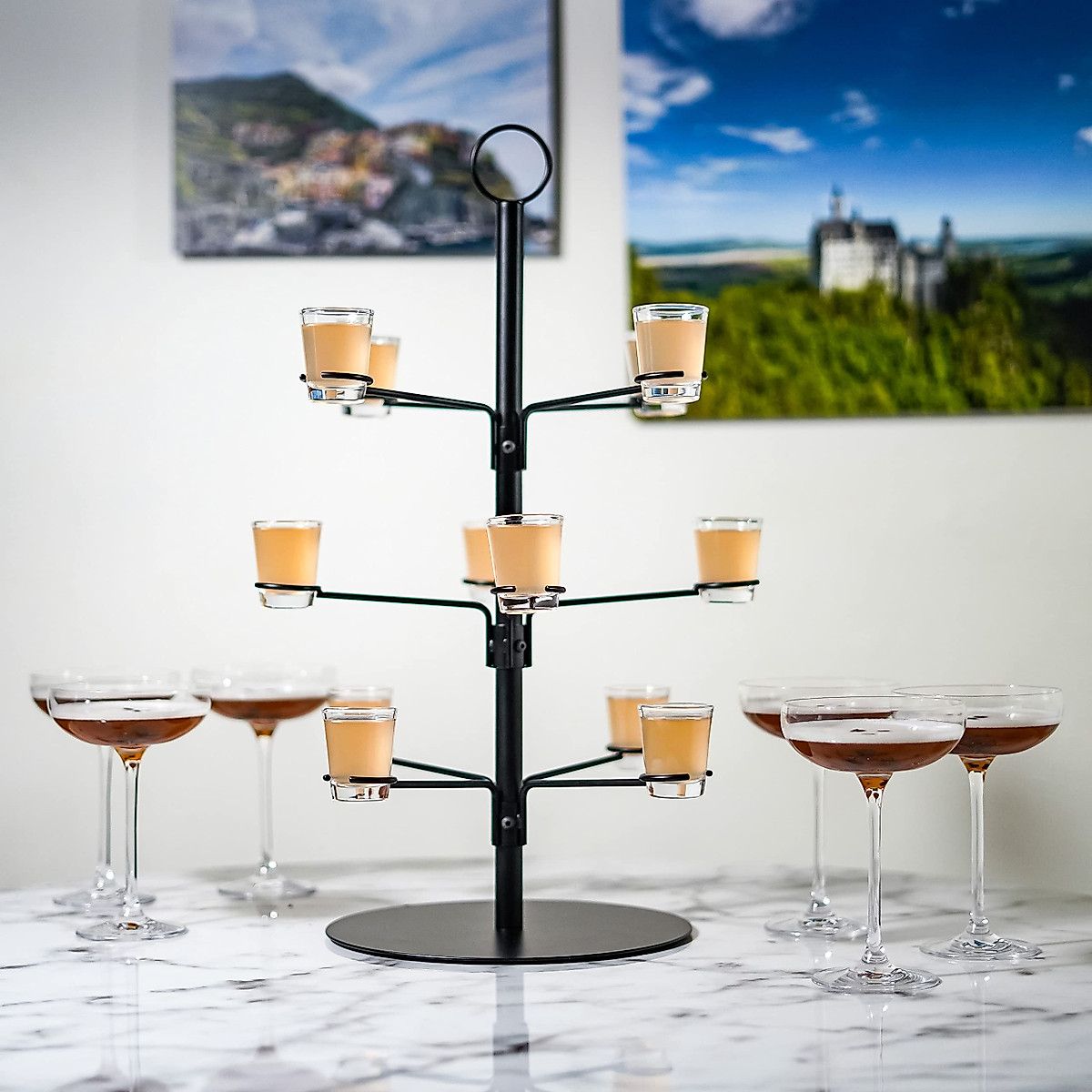Tree Bar Cocktail Tree Stand, Black Metal Display Stand For Wine, Champagne, Cocktails, and Shot Glasses at Weddings, Parties, and Brunch - 12 holders, 2 ft tall
