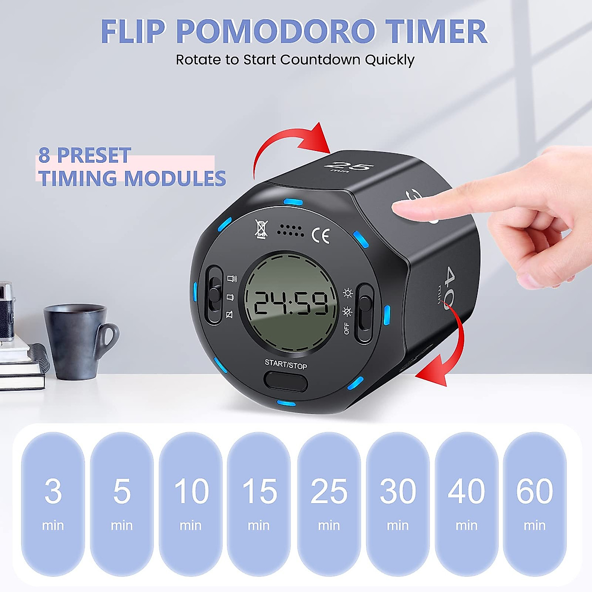 Pomodoro Timer, Digital Cube Timer for Cooking, Productivity Magnetic Countdown Timer, Visual Flip Focus Timer Silent & Alarm Gravity Timer for Study, Cooking, Workout, Office