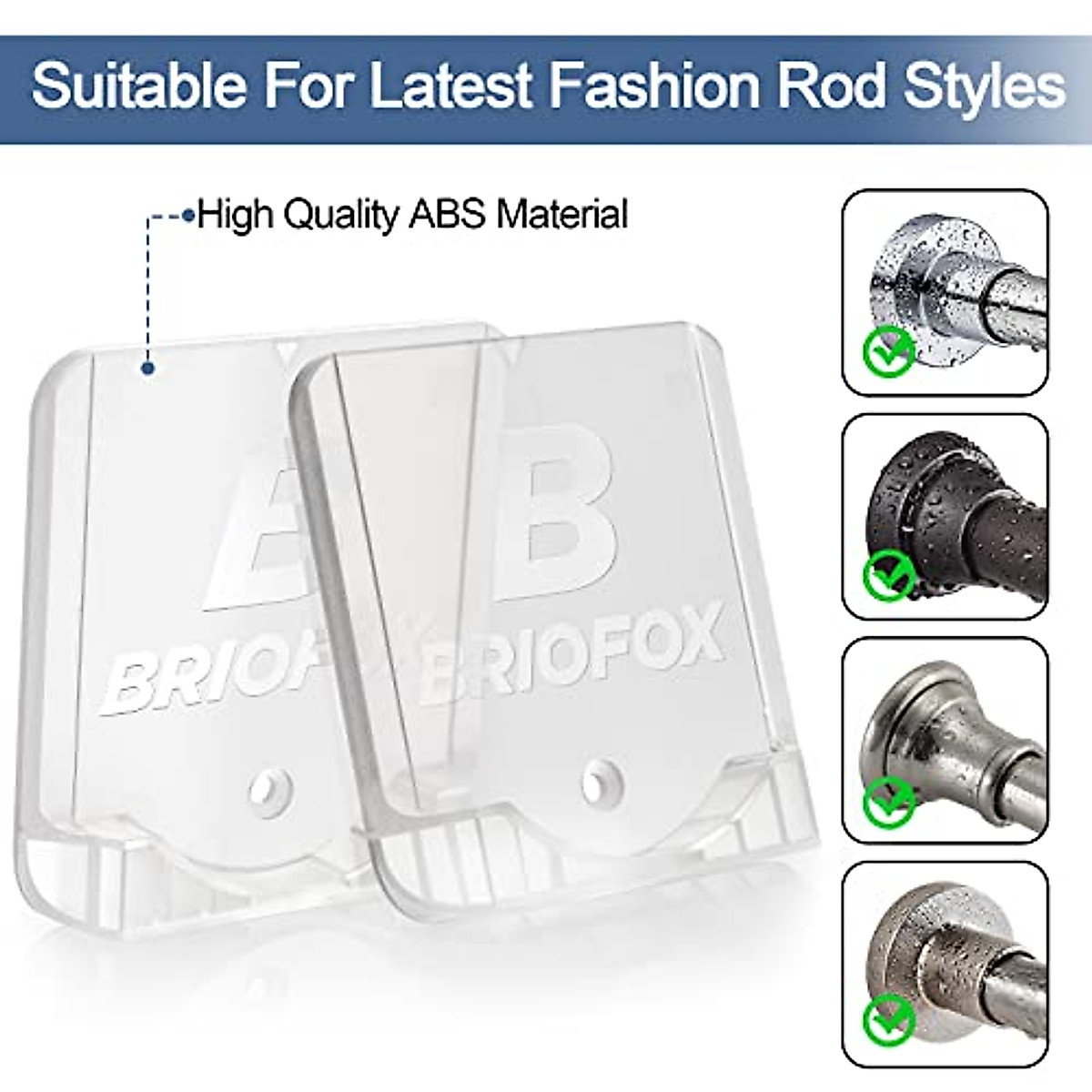 BRIOFOX Shower Curtain Rod Holder【Upgrade Design】3M Adhesive Heat Resistant Waterproof Max Load 60 lbs Shower Rod Retainer for Wall, 2 Pack(Rod Not Included) (Transparent)