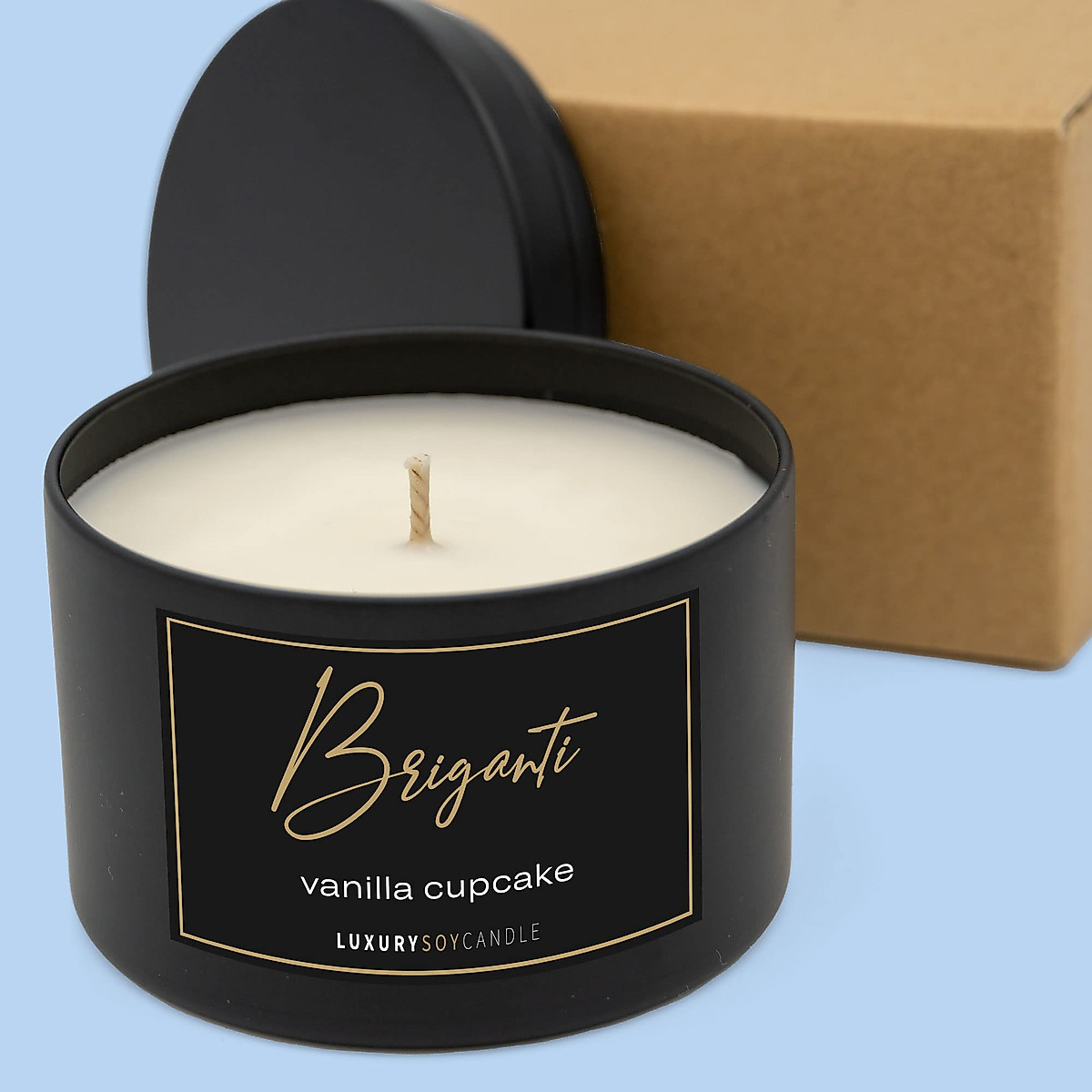 Briganti Vanilla Cupcake Luxury Soy Candle, Scented Home Decor | Natural Soy Wax Infused w/Essential Oils - Vanilla Bean + Buttercream + Cake + Bourbon | 8oz Premium Black Tin
