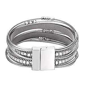 Fesciory Leather Wrap Bracelets for Women, Boho Leopard Multi-Layer Crystal Beads Cuff Bracelet Jewelry