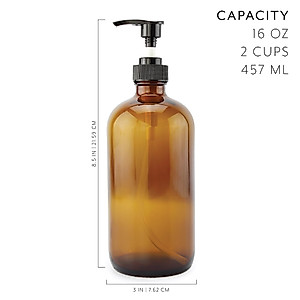 Cornucopia 16oz Amber Glass Bottles w/Pump Dispensers (2-Pack); Refillable Lotion Liquid Soap Pump Brown Bottles + Chalk Labels & Lids, BPA-Free Plastic Tops