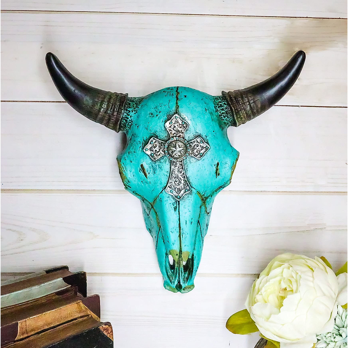 Ebros 10.5" Wide Western Southwest Steer Bison Buffalo Bull Cow Horned Skull Head Turquoise Silver Cross With Floral Lace Design Wall Mount Decor Native Indian Sacred Animal Totem Bust Skulls