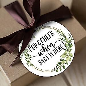 Baby Shower Mini Champagne Bottle Favor Tags, Pop and Cheer When Baby is Here Tags, Greenery Champagne Baby Shower Favor Tags, 2 Inches, 50 Count with Golden Ribbon