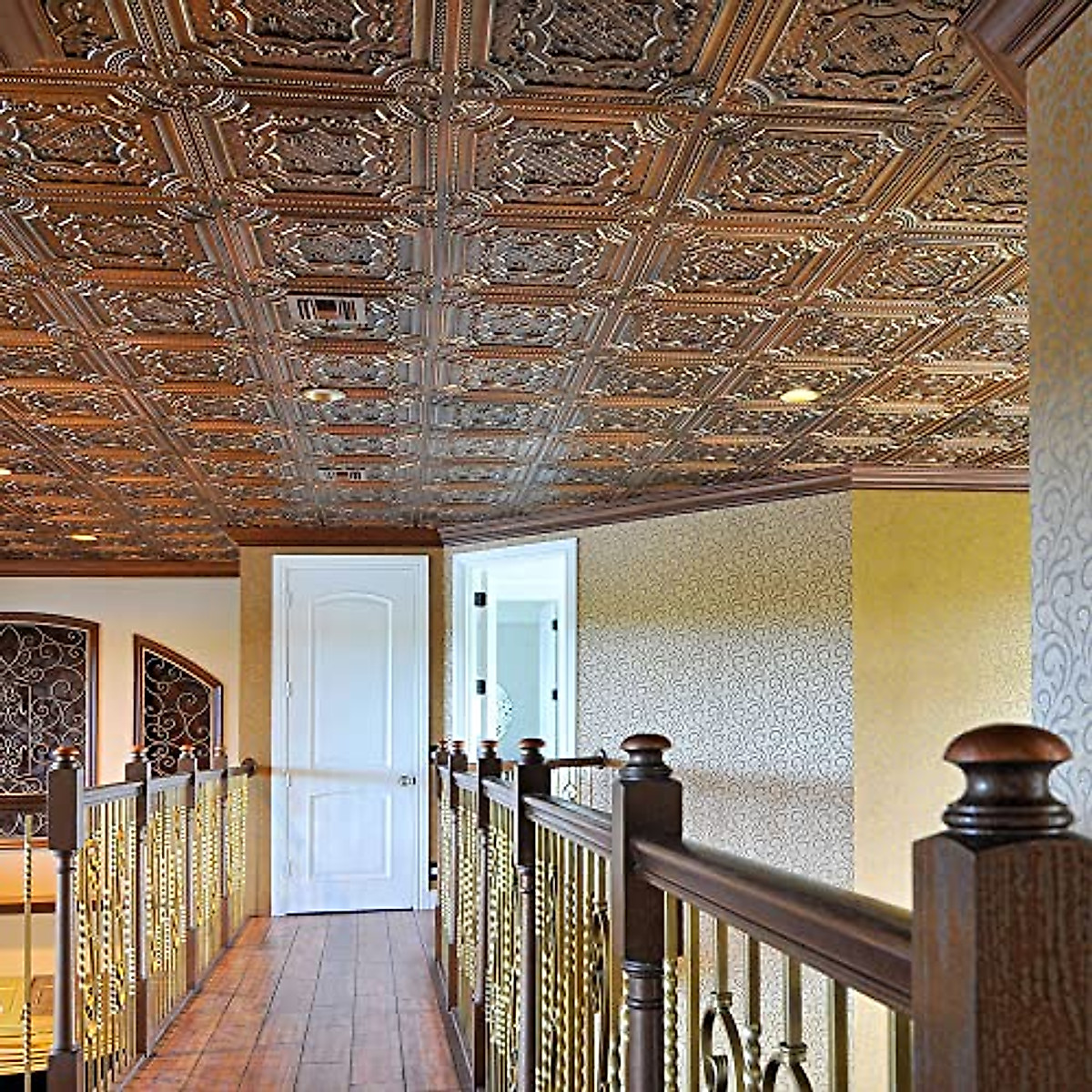 From Plain To Beautiful In Hours DCT04 Elizabethan Shield PVC 2' x 2' Lay-in or Glue-up Ceiling Tile (Covers / 40 sq.ft), Antique White, 10 Piece