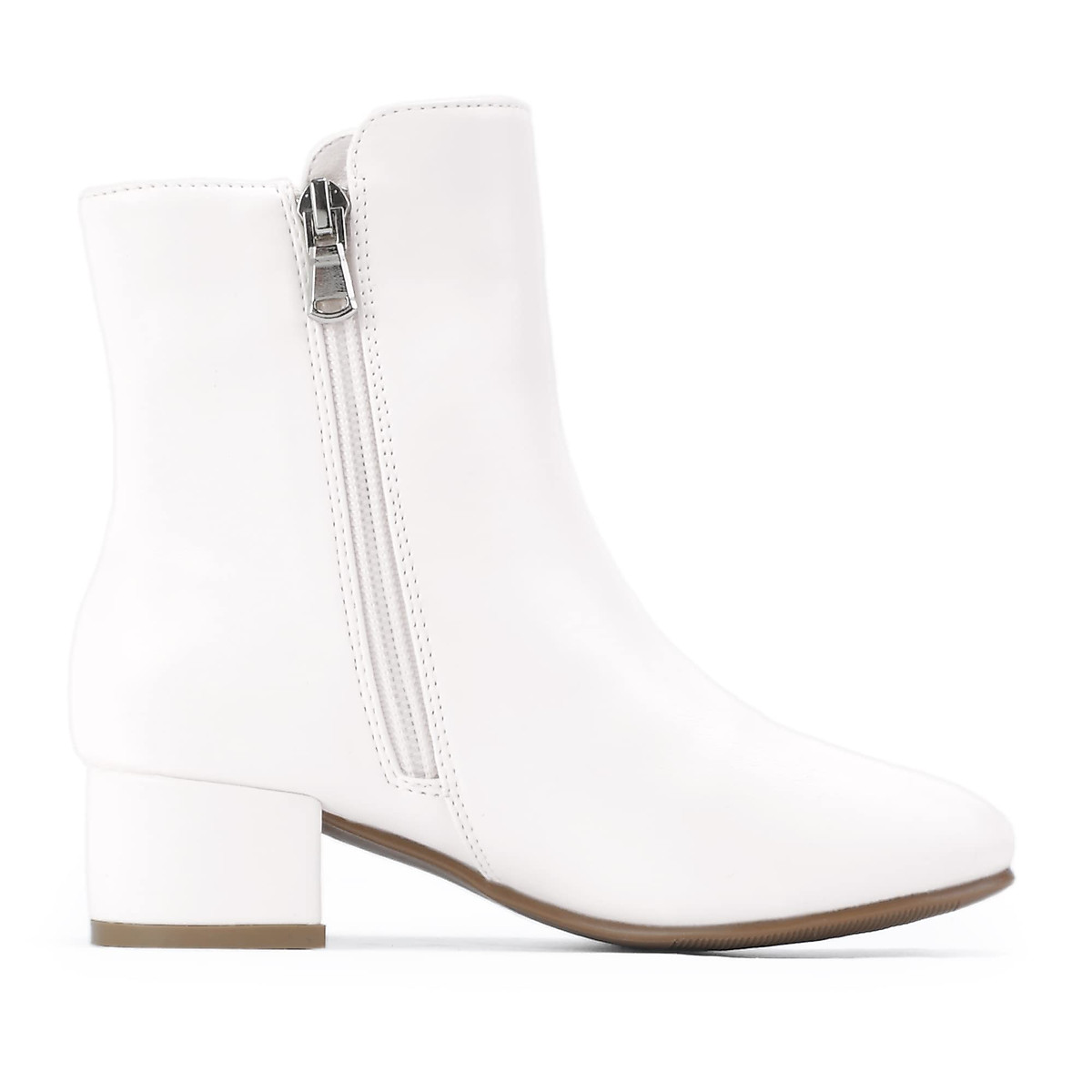 PANDANINJIA Alyssa Girls Fashion Boots Square-Toe Dress Boots Low Heel Ankle Booties with Zipper for Toddler Little Kids Big Kids (White Pu, 2 M US Little Kid)