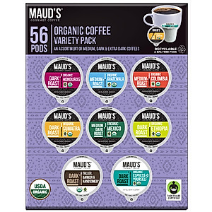 Maud's Organic Coffee Pods Variety Pack, 56 ct | 8 Assorted Coffee Flavors | 100% Organic Arabica Roasted Coffee | Solar Energy Produced Recyclable Pods Compatible with Keurig K Cups Maker