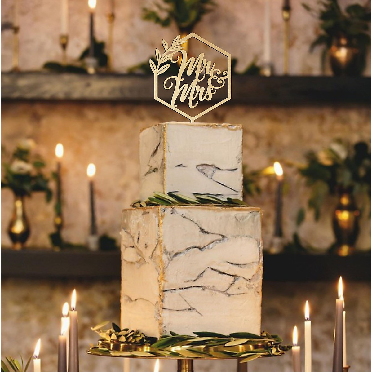 Happyplywood Wedding Cake Toppers Mr and Mrs Hexagon Cake Topper for wedding Bride and Groom Wooden party decorations Geometric Wood Wreath Rustic Boho Party Present for Couple (Unpainted)