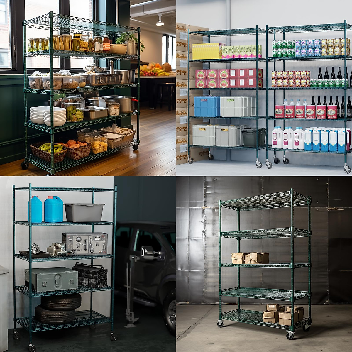 APLSS NSF 4-Tier Green-Epoxy Storage Shelves, 18"x48"x63", Moist&Dry Enviroments, Commercial Heavy Duty Steel Wire Shelving Unit with Wheels, Walk-in Cooler&Freezer Dishroom Kitchen