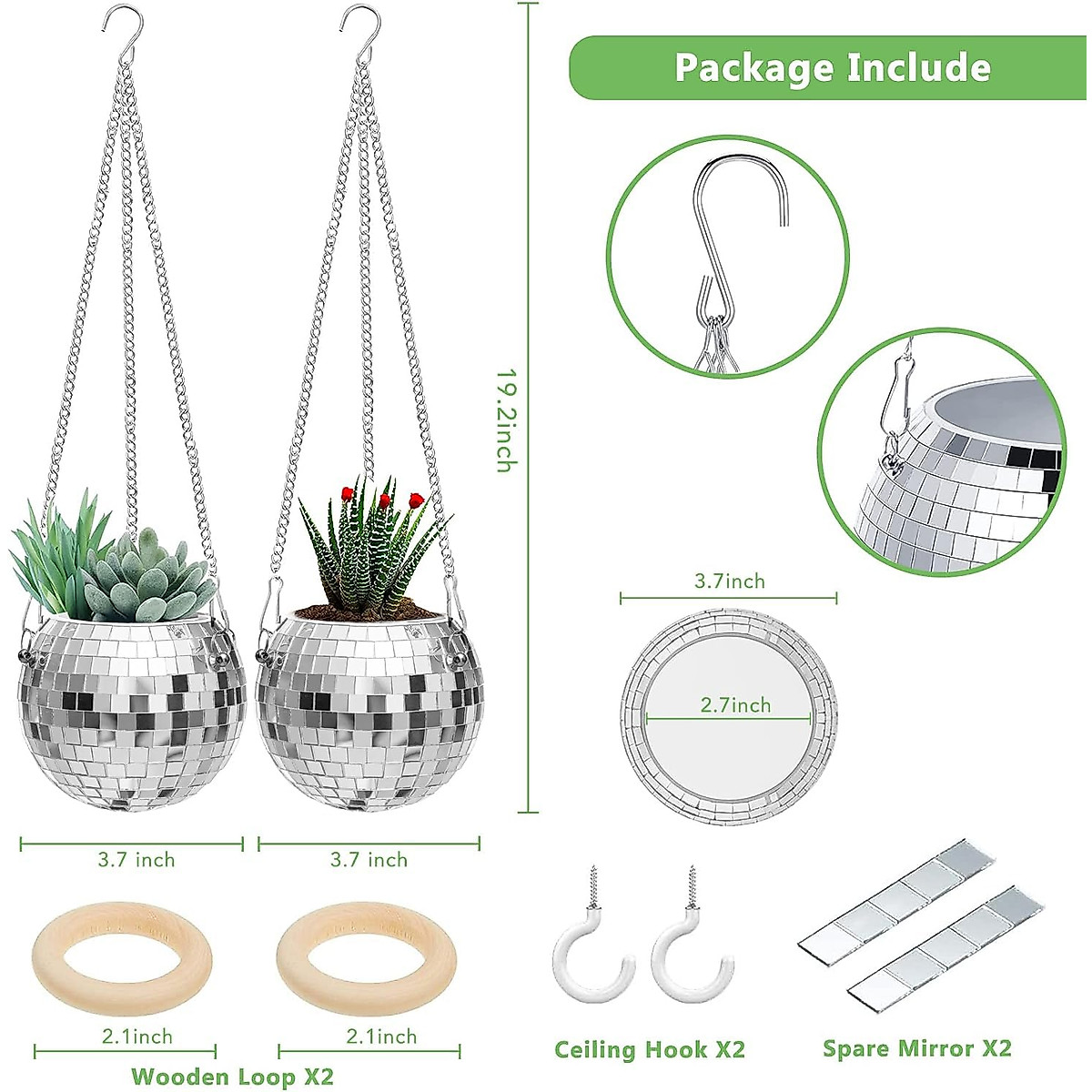 ORIKASO 2 Pcs 4" Disco Ball Planter with Chain - Mirror Ball Flower Succulents Pots - Home Boho Hanging Planter - Ideal for Indoor and Outdoor Decorations