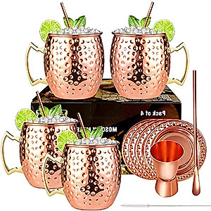 LIVEHITOP Moscow Mule Mugs Gift Set of 4, 19.5Oz Copper Cups with Copper Coasters, Bar Spoon, Jigger, Straws, Brush for Cold Drinking, Party, Home Bar