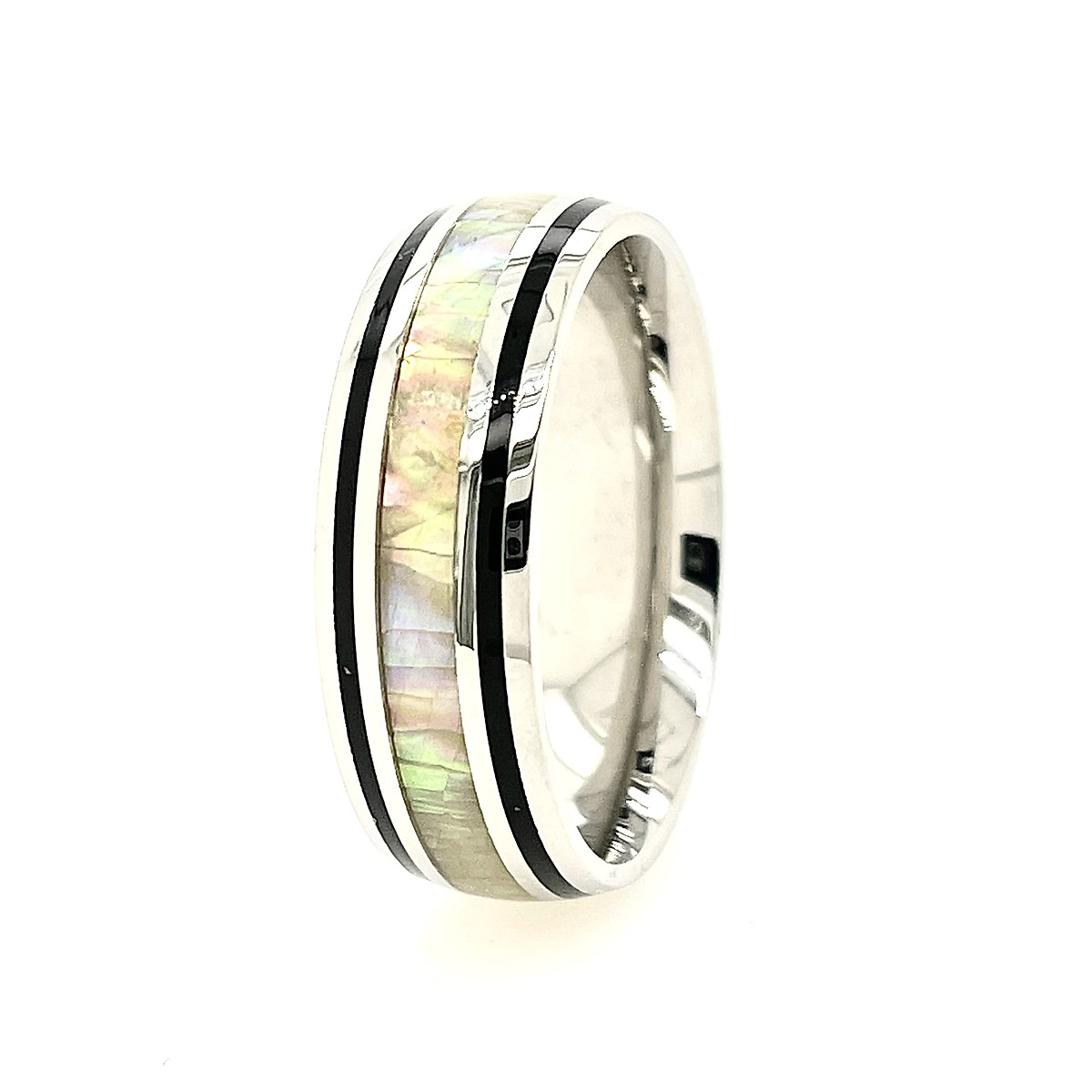 White Fire Opal & Black Enamel Ring Silver Stainless steel 8mm Band Men and Women Size 5-14 (10)