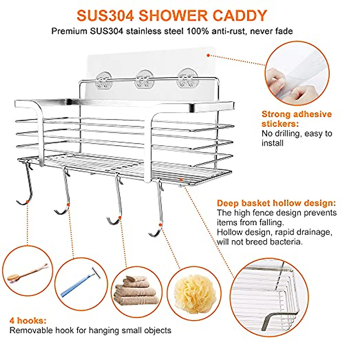 Shower Caddy Basket Shelf, Wall Mounted Bathroom Shower Storage Organizer with 4 Hooks, SUS304 Stainless Steel Adhesive Shower Shelf for Bathrooms, Toilets, Shower Room, Kitchen - 2 Pack