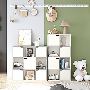 OSCHF 9-Cube Storage Shelf Bookcase - Wooden 3-Tier Floor Standing Open Bookshelf with Doors for Home and Office, Display Cabinet, Warm White