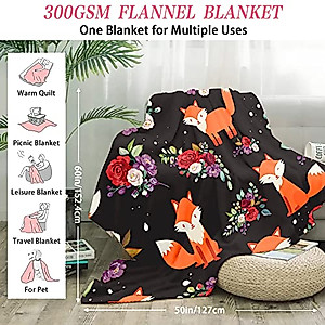 udten Fox Gifts for Women, Fox Blanket with Flower Decor, Fox Gifts for Fox Lovers Fox Blankets for Girls, Fox Throw Blanket for Kids Women Birthday Mother's Day Children's Day Gifts,60"x50", Black