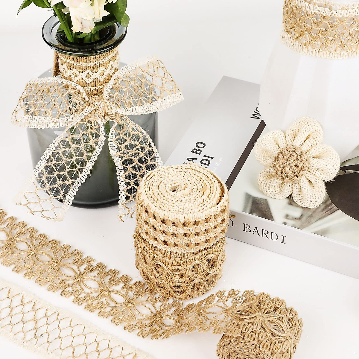 7 Rolls 14 Yards Burlap Lace Jute Ribbon for Crafts, Christmas Ribbon for Gift Wrapping, Burlap Ribbon for Holiday Party Wedding Invitations Flowers Bouquets Rustic Home Decorations