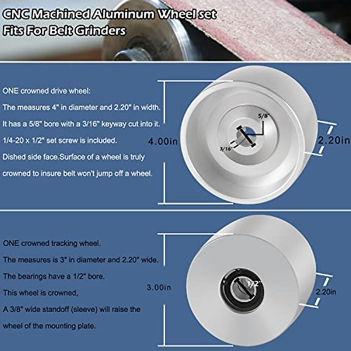 Belt Grinder 2x72 Wheel Set Fits For Knife Grinder 4" Drive 5/8" Bore 3" Track 2" Idler (4" 5/8-3" - 2")