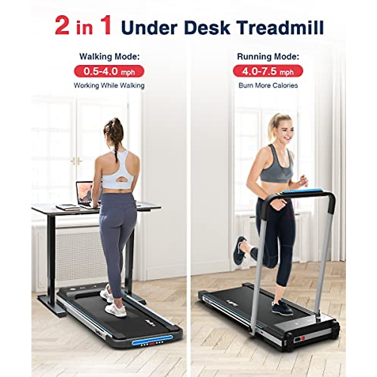 REDLIRO Under Desk Treadmill, 2 in 1 Motorized Portable Foldable Treadmill Compact Fold Up Walking Pad, Sturdy Folding for Small Space with Remote Control, LED Display Home & Office Use