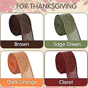 TONIFUL 1.5 Inch 4 Rolls Set Fall Ribbons Orange, Dark Red, Grass Green, Brown Burlap Wired Ribbons, for Thanksgiving Fall Wreath Home Decor Tree Topper Bow Decorations (6 yds/roll)