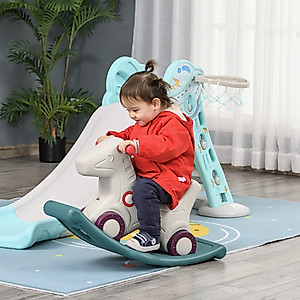 Qaba Kids 2 in 1 Rocking Horse & Sliding Car for Indoor & Outdoor Use w/Detachable Base, Wheels, Smooth Materials, Grey and Green