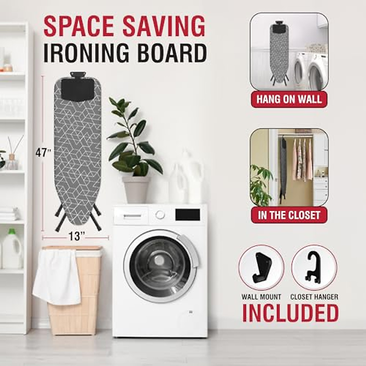 D-Crease+ 48" X 13" Full Metal Ironing Board W/Silicon Iron Rest, Wall Mount & Closet Hanger, Full Metal Heavy Duty Construction, Heat & Scorch Resistant Fabric, 36" Height Adjustable