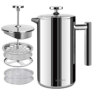 Secura French Press Coffee Maker, 304 Grade Stainless Steel Insulated Coffee Press with 2 Extra Screens, 50oz (1.5 Litre), Silver