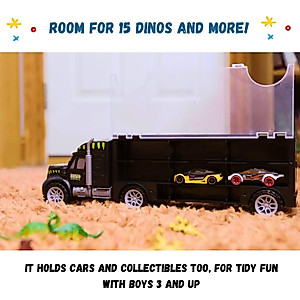 Dinosaur Toys for Kids 3-7. Dino Truck Carrier with 15 Figures + Bonus Book