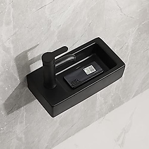 Black Bathroom Rectangle Wall Hung Porcelain Ceramic Small Sink Wash Art Basin with Overflow&Faucet for Cloakroom Lavatory Toilet (Left Hand)