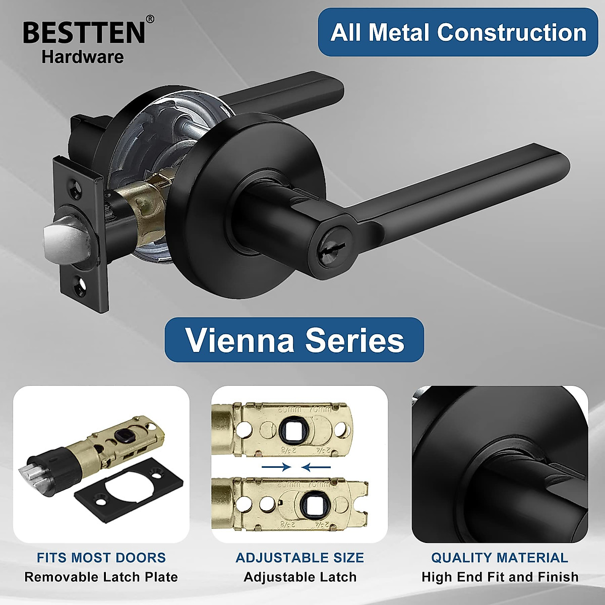 BESTTEN Heavy Duty Matte Black Entry Door Lever with Removable Latch Plate, All Metal Round Door Handle, Exterior Interior Entry Locks, Commercial and Residential, Vienna Series