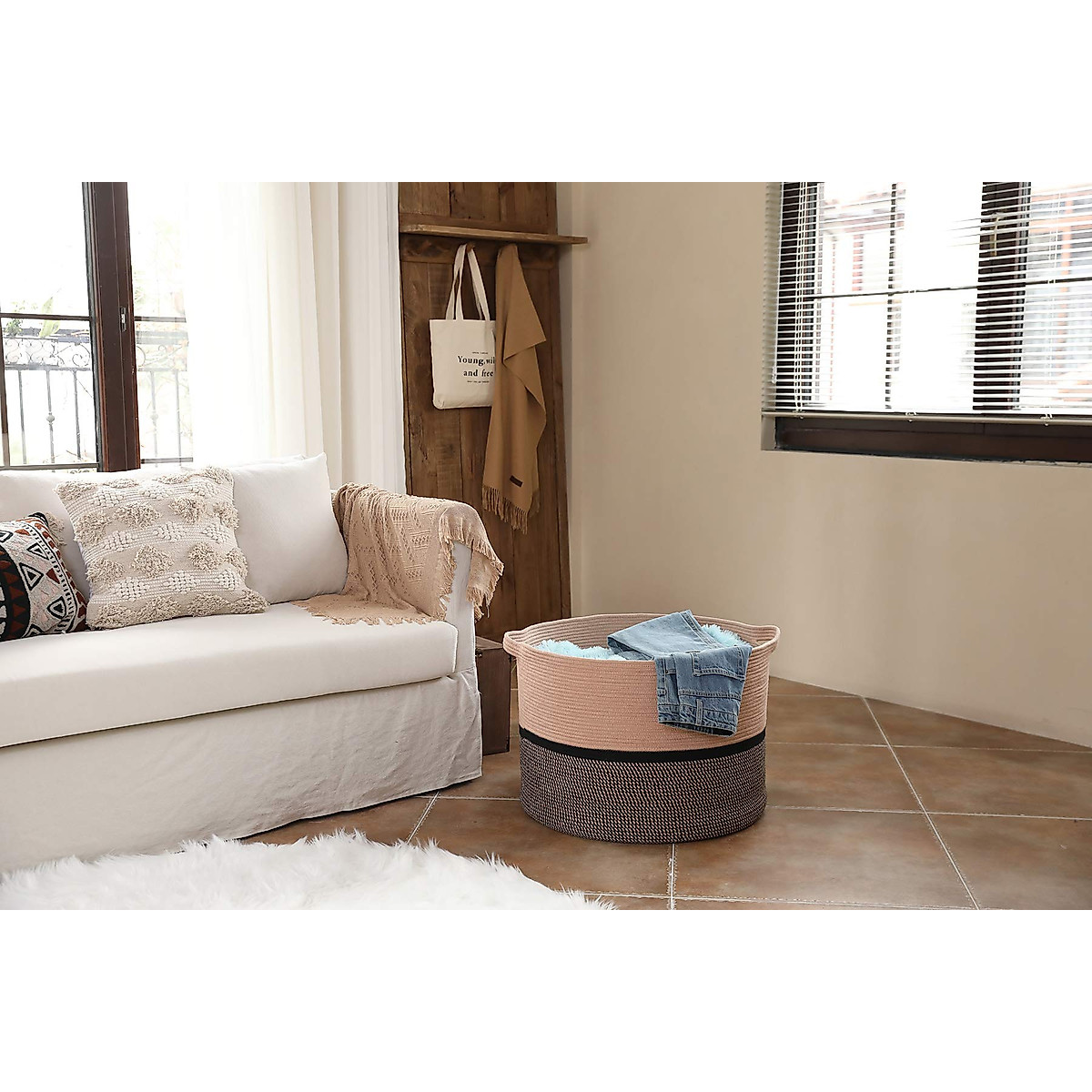 24" x 24" x 17" Max Size Large Cotton Rope Basket, Extra Large Storage Basket, Woven Laundry Hamper, Cloth Storage Bin, for Blankets Clothes Towels Pillows in Living Room, Beige Red/Black Mix