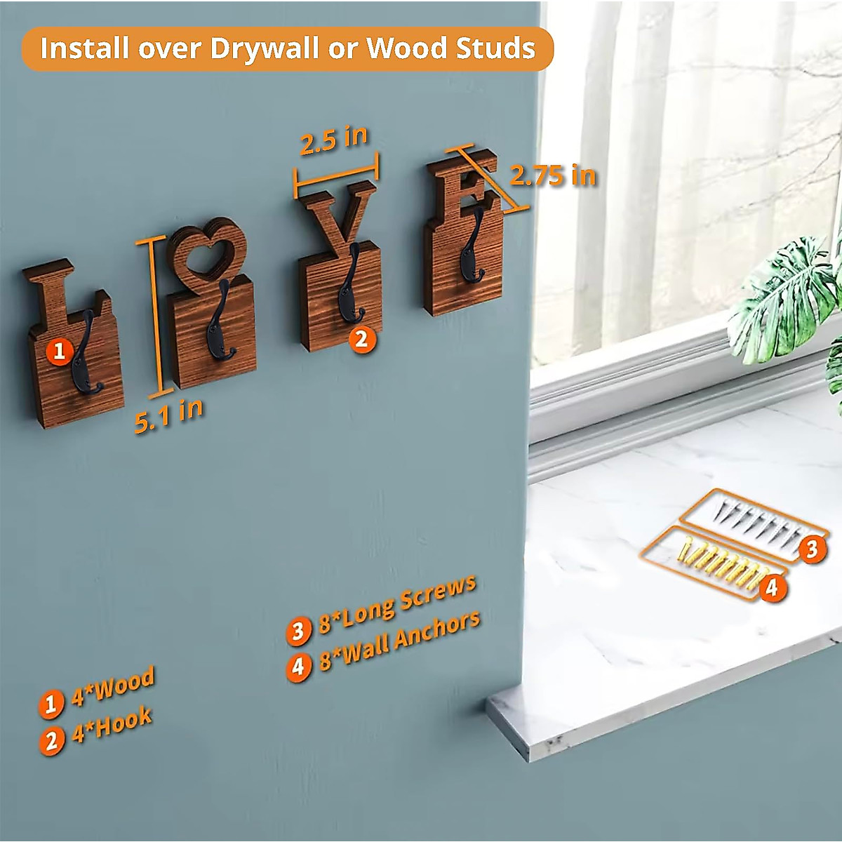 Rustic Coat Hooks for Hanging Keys, Hats or Bathroom Towels – Set of 4 Wall Mounted Wooden Hangers for Entryway, Modern Farmhouse Industrial Black Metal & Wood Home Décor, Love Sign Wedding Gift