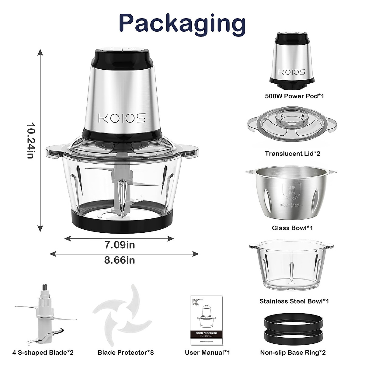 KOIOS 500W Powerful Electric Food Processor with 8 Cup Stainless Steel & Glass Bowls, 2 Speed Mode Electric Food Chopper with 2 Sets Blades Electric Meat Grinder Chopper for Family & Baby Use, Black