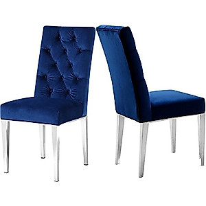 Meridian Furniture Juno Collection Modern | Contemporary Velvet Dining Chair with Luxurious Deep Tufting and Polished Chrome Metal Legs, Set of 2, 19" W x 25" D x 36.5" H, Navy