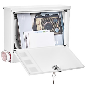 LAND·VOI Locking Mailbox Wall Mounted, Metal Postbox with Three Sets of Mail Box Number Stickers, 4 Keys, 14.4" x 4.5" x 11.2", Large Capacity, Textured White, AMB11W