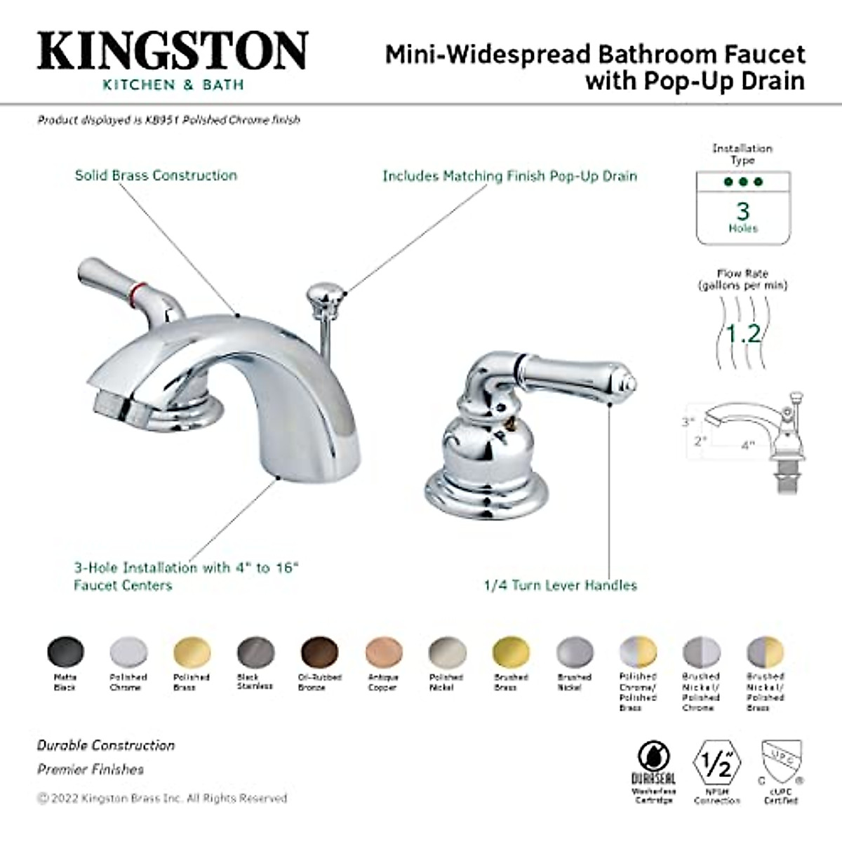 Kingston Brass KB952 Magellan II 4-Inch to 8-Inch Mini Widespread Lavatory Faucet with Metal lever handle, Polished Brass