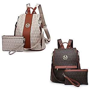 MKP Women Fashion Backpack Purse Mutil Pockets Signature Anti-Theft Rucksack Travel School Shoulder Bag Handbag with Wristlet