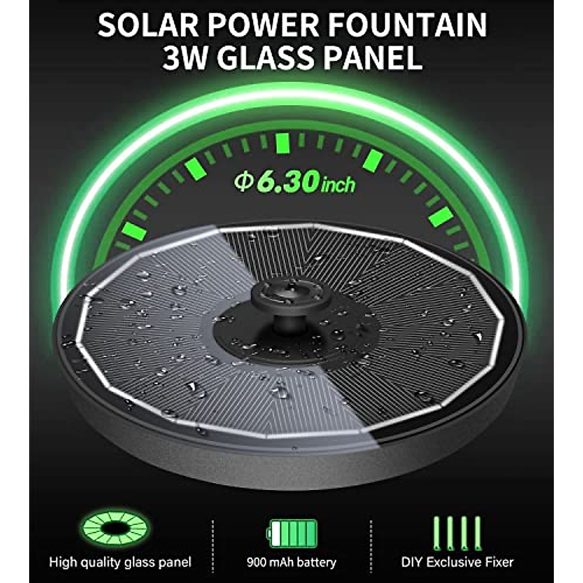Solar Fountain Full Glass Panel with Battery, 2022Upgrade 3W Solar Powered Bird Bath Fountain with LED Light 8 Nozzle 4 Fixer, Floating Solar Fountain Pump for BirdBath Pond Pool Garden Outdoor