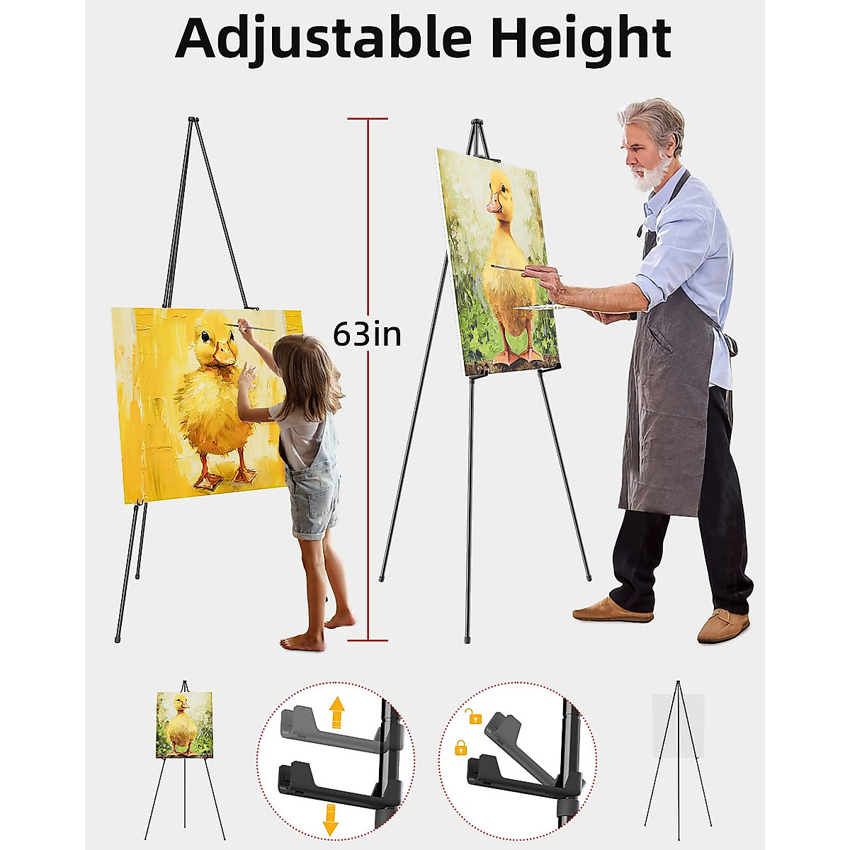 Nicpro Folding Easels for Display, 2 Pack 63 Inch Metal Floor Easel Stand Tripod Black Portable for Artist Poster Wedding with Carry Bag