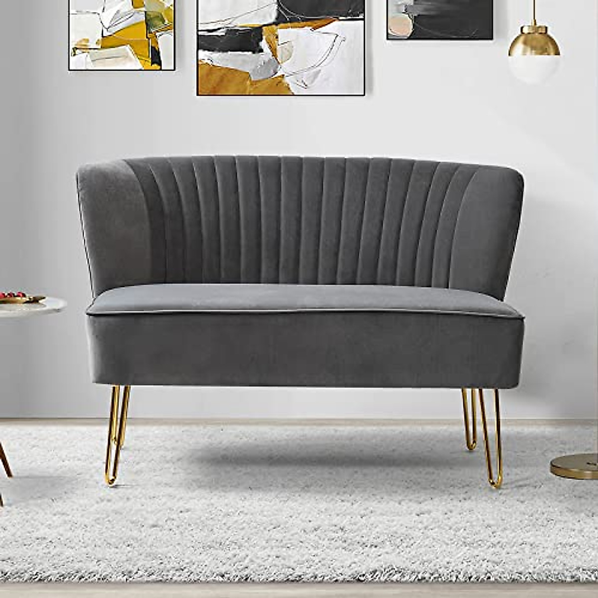 HULALA HOME 45-inch Small Velvet Upholstered Loveseat Sofa, Modern Loveseat Club Couch with Golden Metal Legs, Living Room Tufted Velvet 2 Seater Sofa for Apartment Small Spaces (Grey)