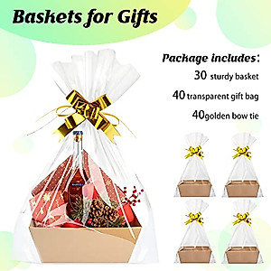 110 Pcs Large Empty Gift Basket DIY Basket for Gifts Empty Kit 30 Pcs 10 x 8.5 x 3.5 Inch Kraft Market Tray with Handle Fruit Cardboard Basket with 40 Bags 40 Gold Bows for Holiday Birthday Gift