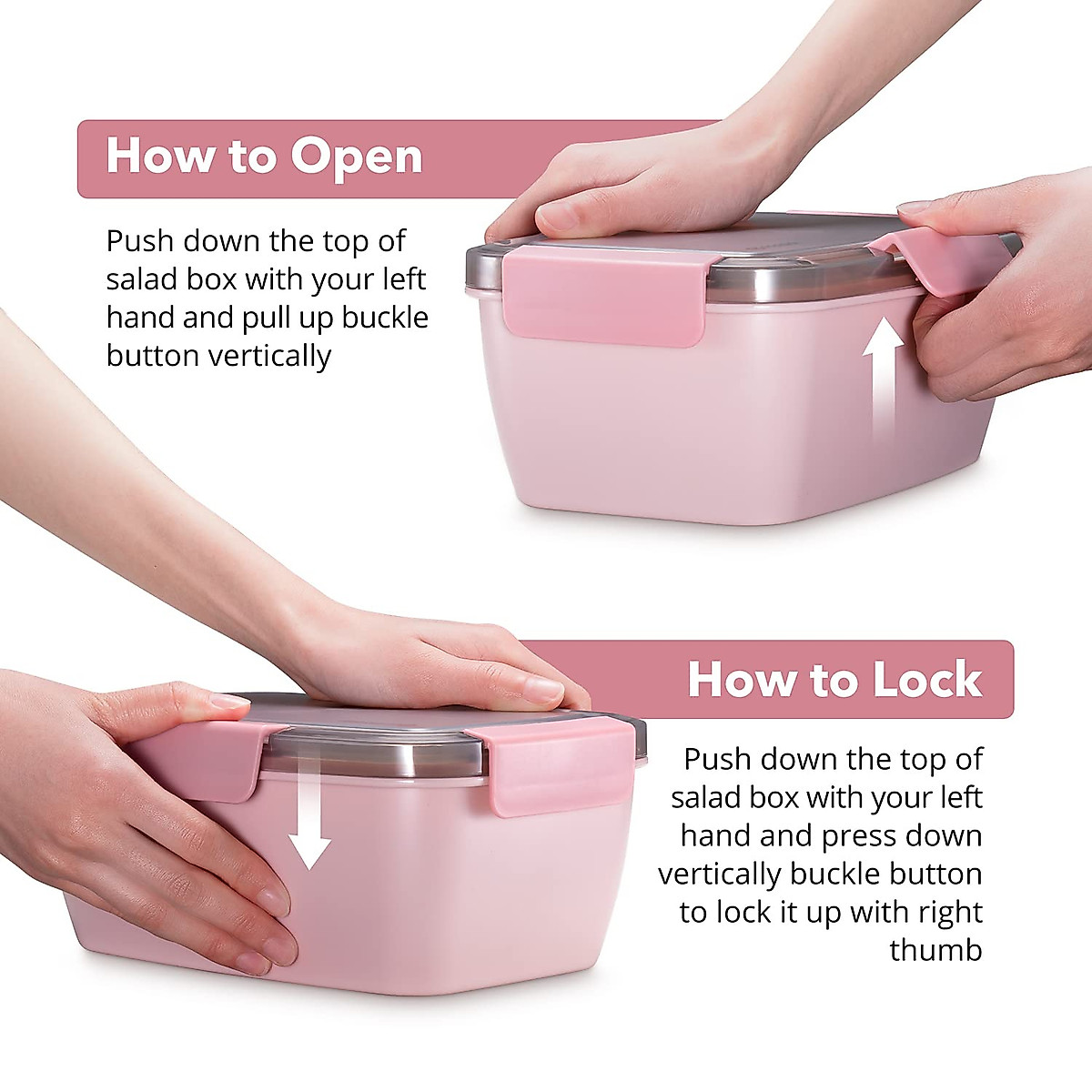 GiFBERA Large Salad Lunch Container - 68 oz Salad Bowl with 5 Compartments Bento-Style Tray, 2 pieces Salad Dressing Containers To Go, Leak-Proof & BPA-Free (Pink)