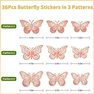 36Pcs Butterfly Wall Decals,3D Butterflies Decor DIY Butterfly Decorations Room Wall Decoration for Bedroom Home Room Decor(Pink Gold)