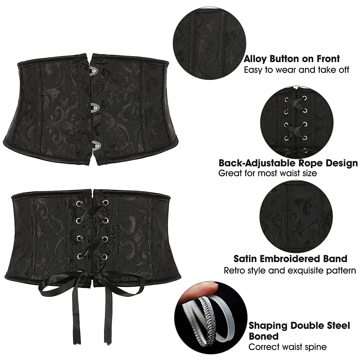 Floral Corset Waist Belt for Women,Lace up Waist Belt Wide Waistband Obi Tied Waspie Belt for Wedding Halloween 1.black
