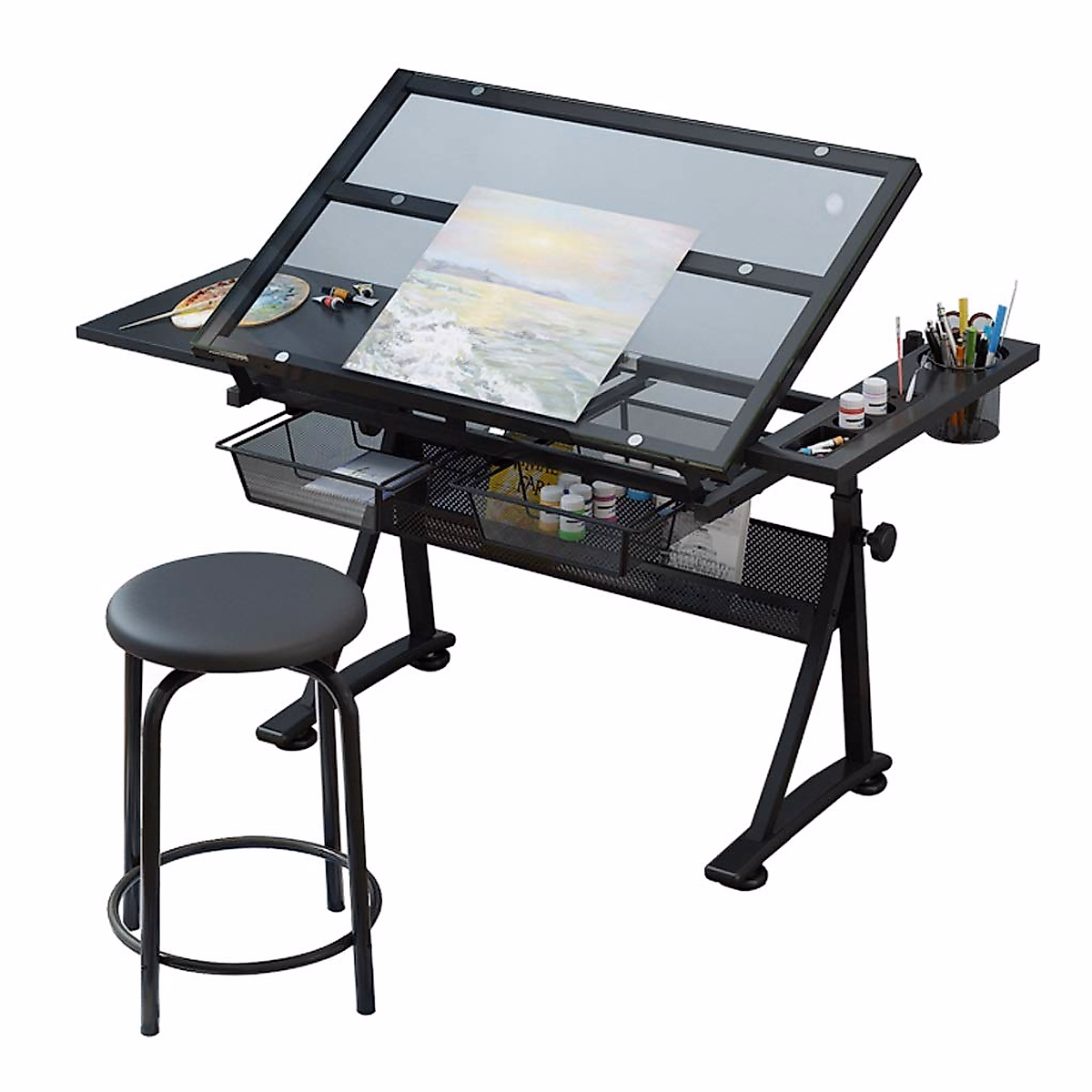 EESHHA Drawing Table Tiltable Drawing Table, Adjustable Art Desk, with Storage Craft Table, Drafting Table Glass Panel,Adult Drawing Desk Beautiful Scenery